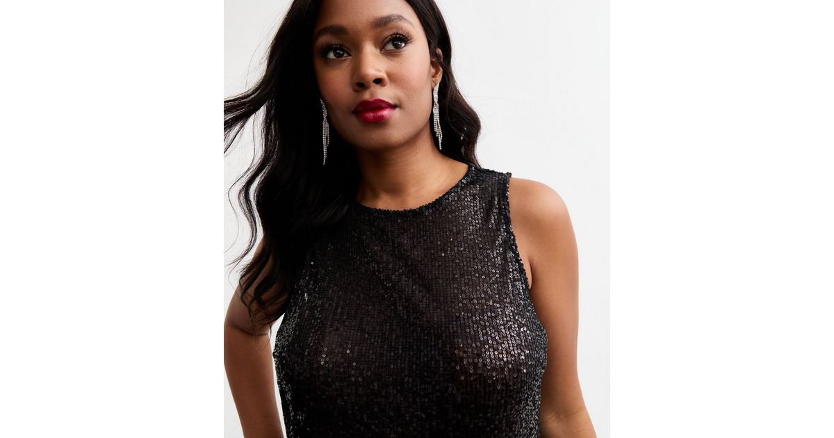 Curves Black Sequinned Tank top | New Look