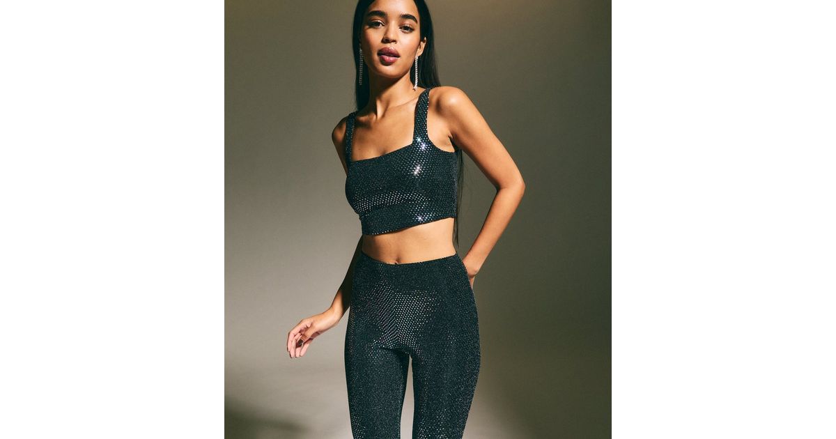 Black Sequinned Stretch Crop Top | New Look