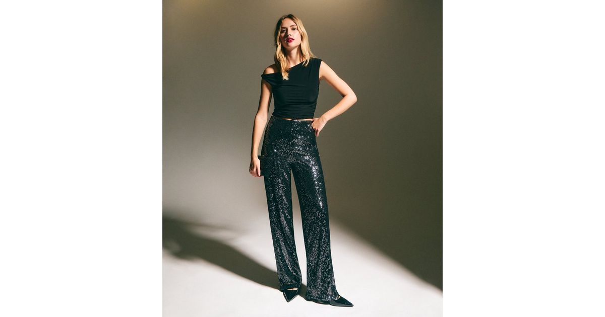 Black Sequinned Stretch Mesh Wide Trousers | New Look