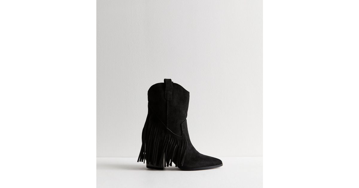 Truffle Black Suedette Fringe Western Boots | New Look