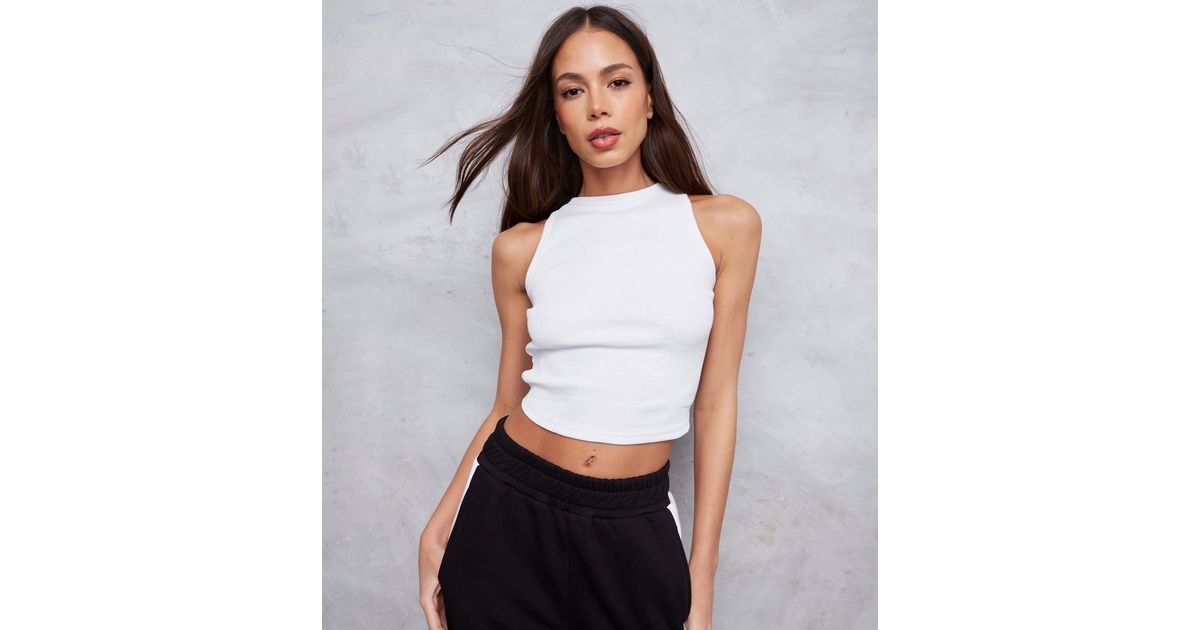 WKNDGIRL White Ribbed Cropped High Neck Top | New Look