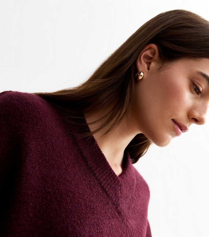 Burgundy High V Neck Jumper | New Look