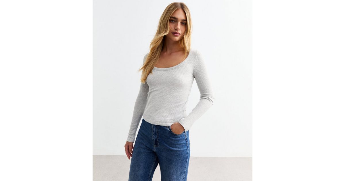 Grey Ribbed Long Sleeve Scoop Neck Top | New Look