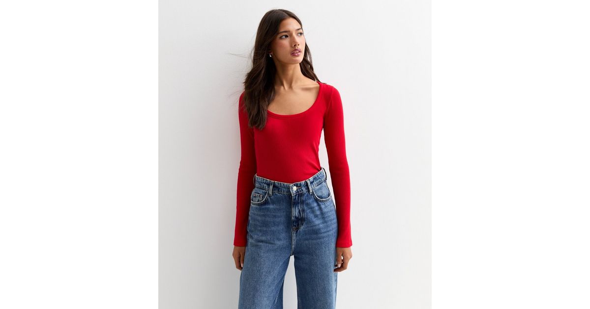 Red Ribbed Long Sleeve Scoop Neck Top | New Look