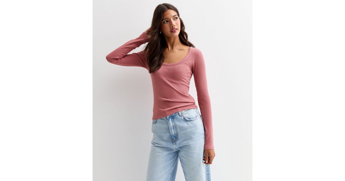 Pink Ribbed Long Sleeve Scoop Neck Top | New Look