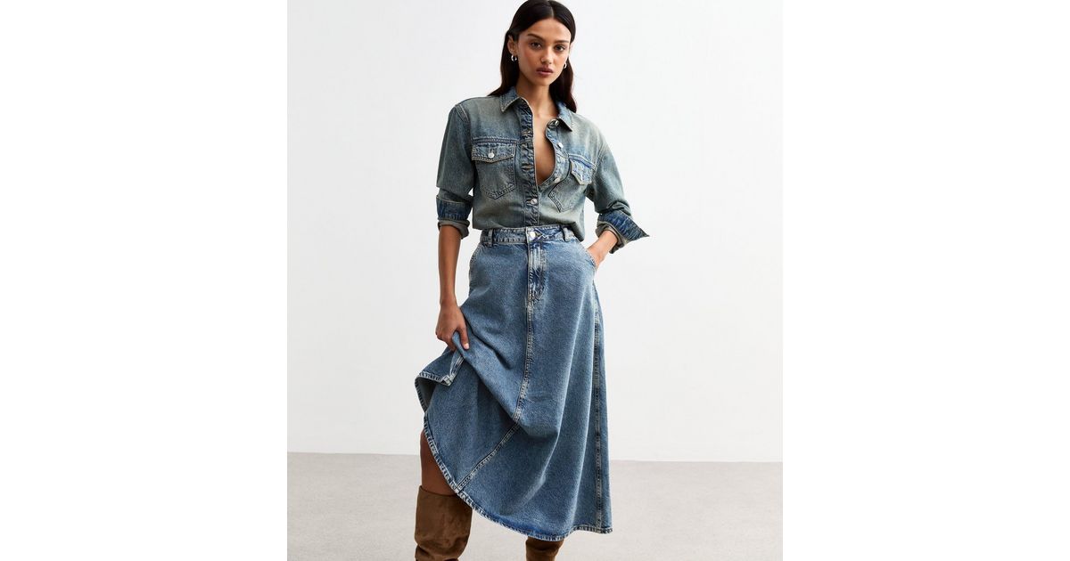 Blue Vintage Tint Midi Denim Skirt | New Look