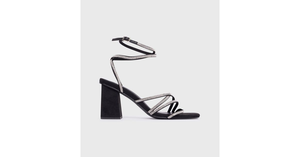 London Rebel Black Sparkle Strappy Heeled Sandal | New Look