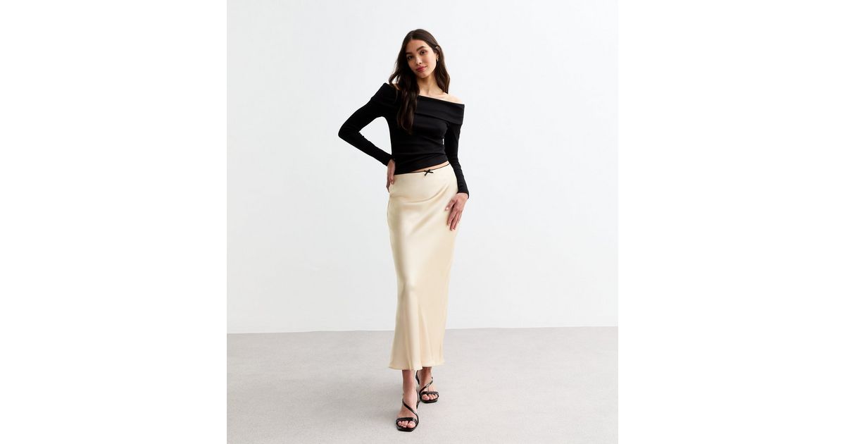 Cream Satin Bow Trim Midi Skirt | New Look