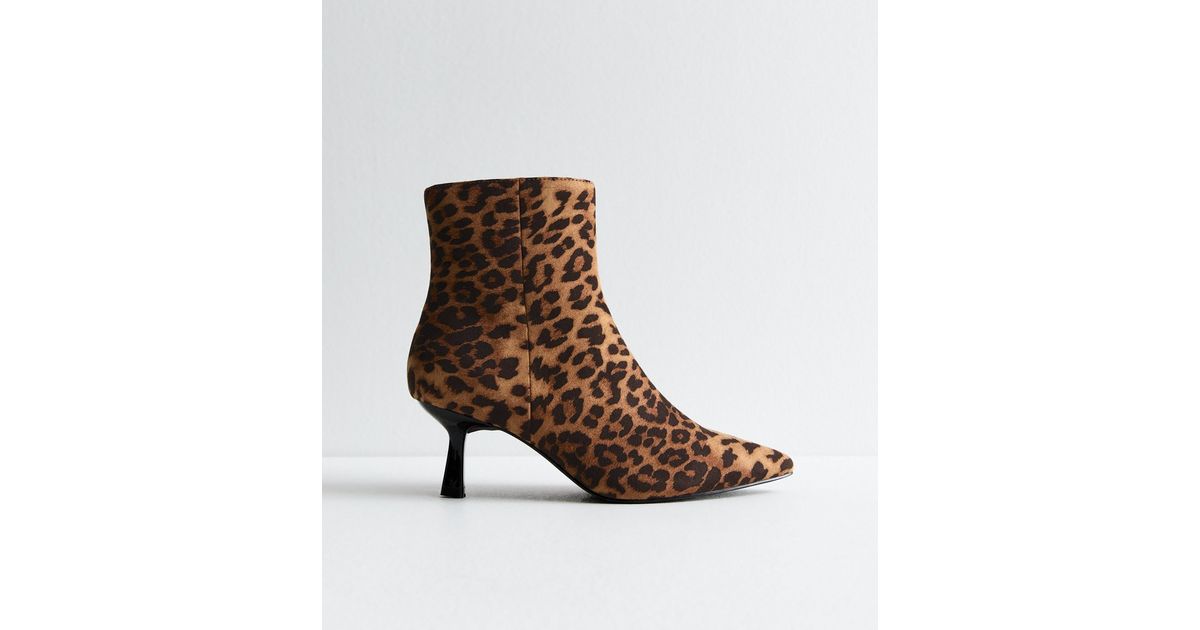 Wide Fit Stone Leopard Print Kitten Heel Ankle Boots | New Look