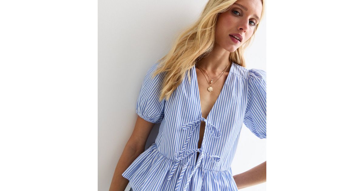 Blue Tie-Front V-Neck Striped Peplum-Hem Blouse | New Look