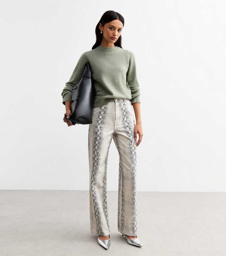 White Snakeskin Print Wide Leg Jeans | New Look