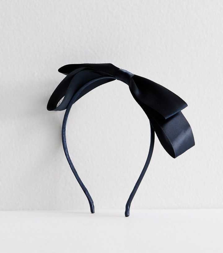 Navy Slim Satin Bow Headband | New Look