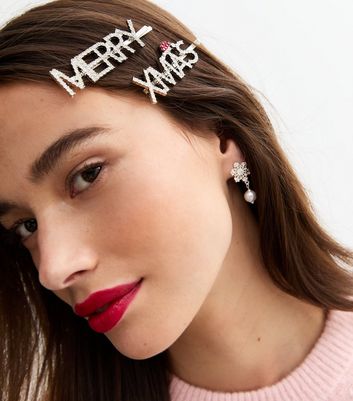 2 Pack of Silver Diamante Merry Xmas Hair Slides New Look