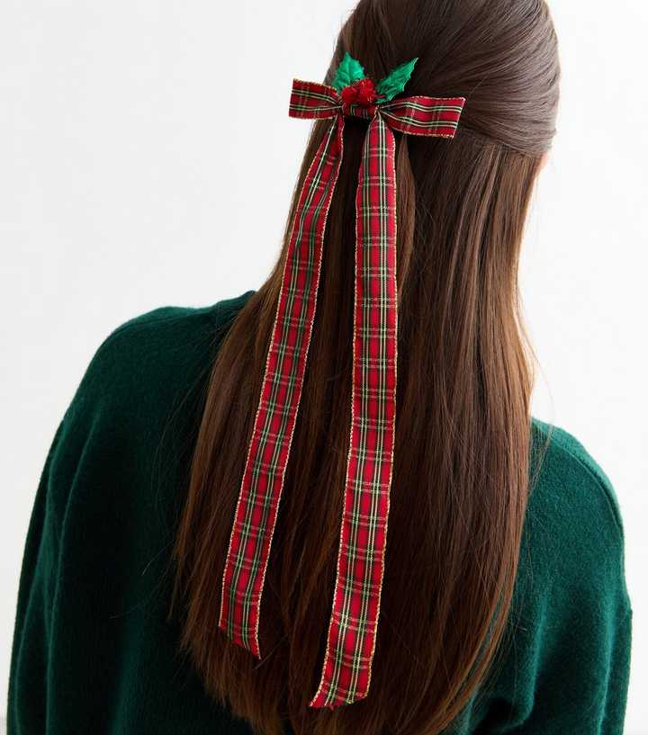 Red Christmas Holly Tartan Check Satin Bow Slide | New Look