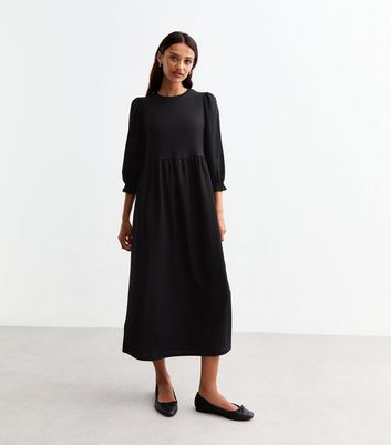 Black Cropped Sleeve Textured Smock Dress | New Look