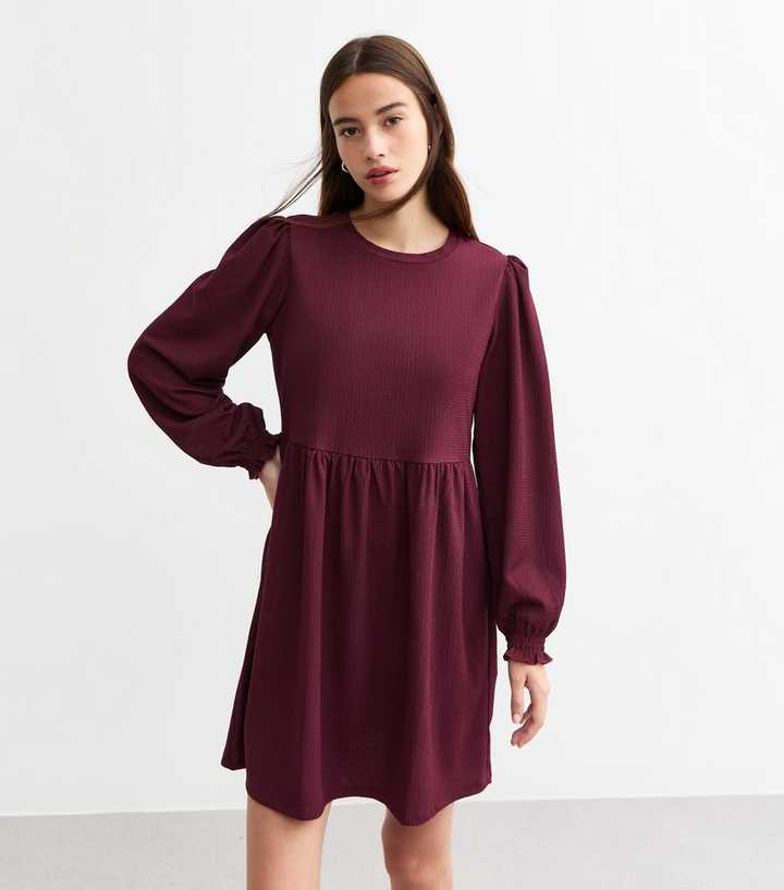 Burgundy Crinkle Long Sleeve Mini Smock Dress | New Look