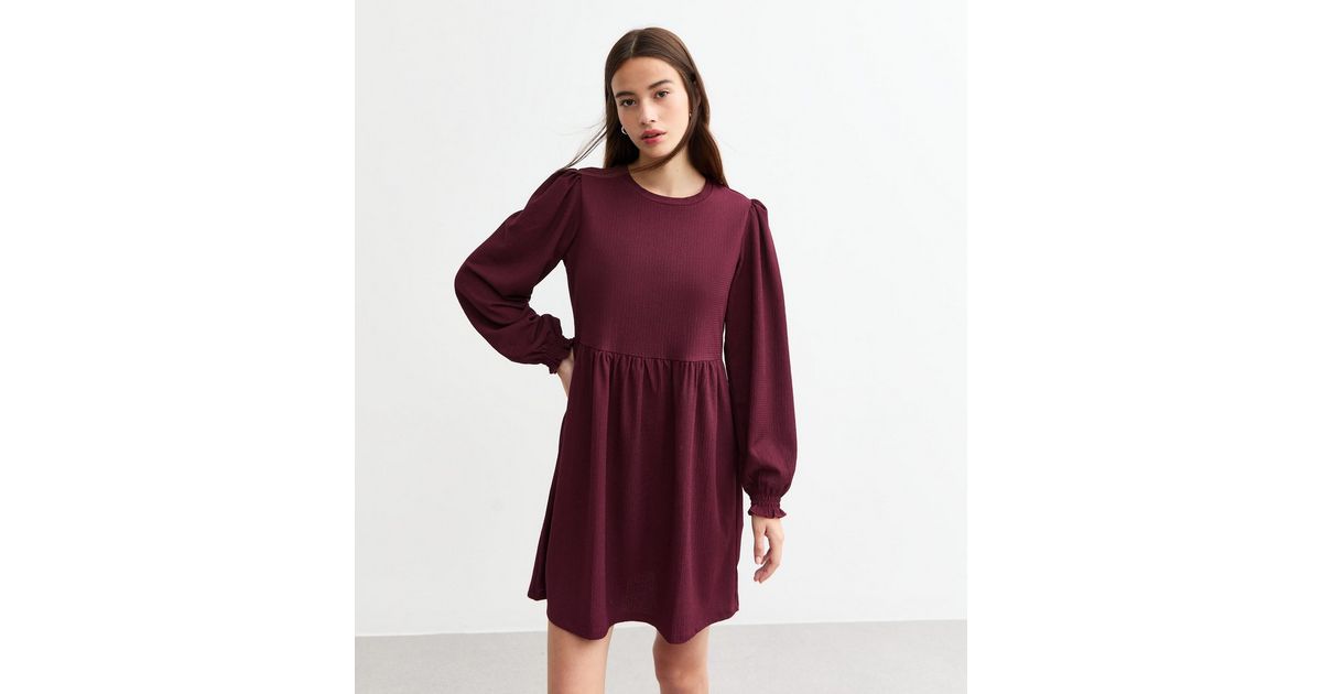 Burgundy Crinkle Long Sleeve Mini Smock Dress New Look