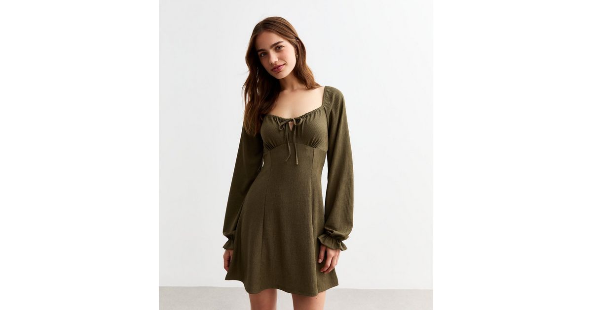 Khaki Square Neck Crinkled Long Sleeved Mini Dress | New Look