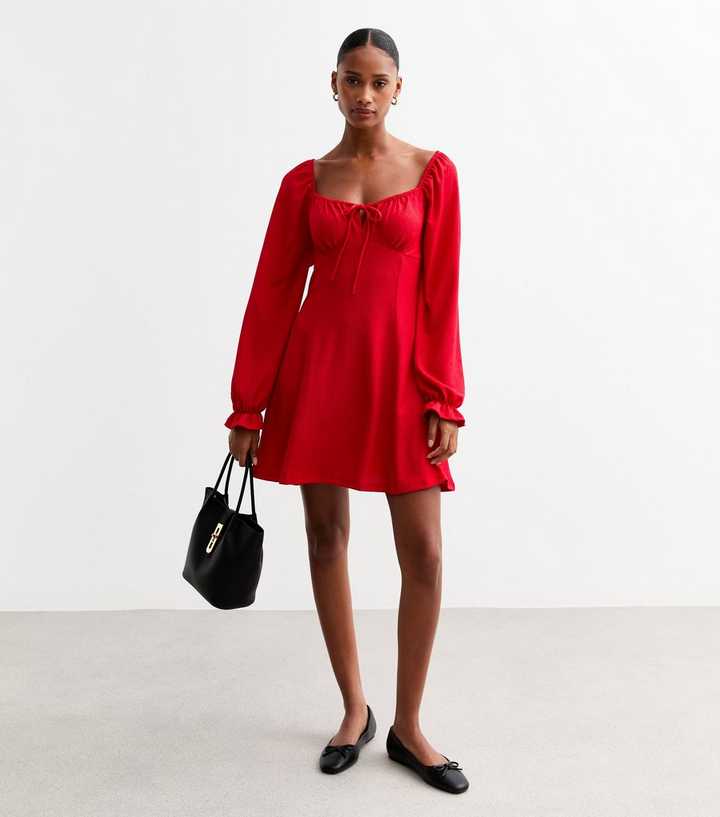 Red Square Neck Crinkled Long Sleeved Mini Dress | New Look