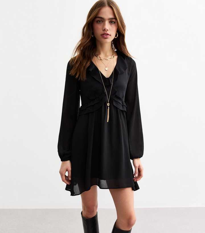 Black Ruffled Chiffon Mini Dress | New Look