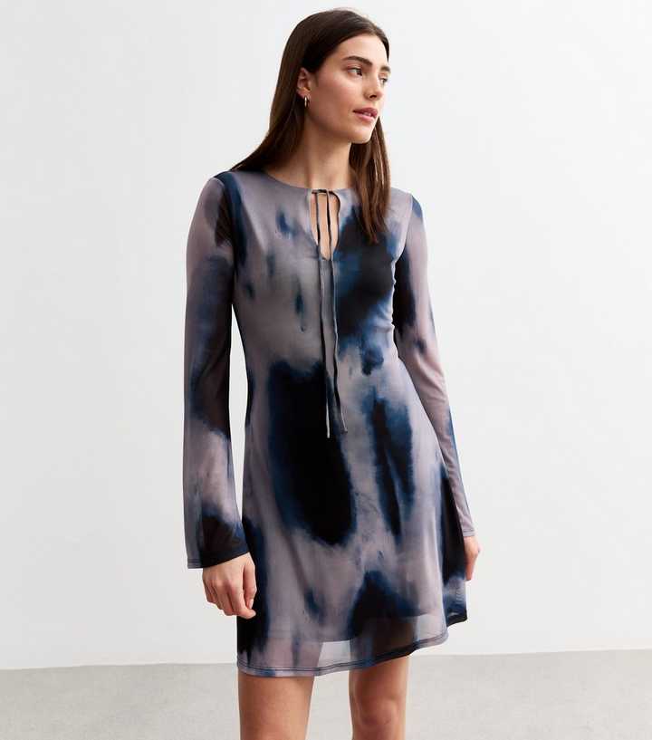 Blue Long Sleeve Smudge Mesh Mini Dress | New Look