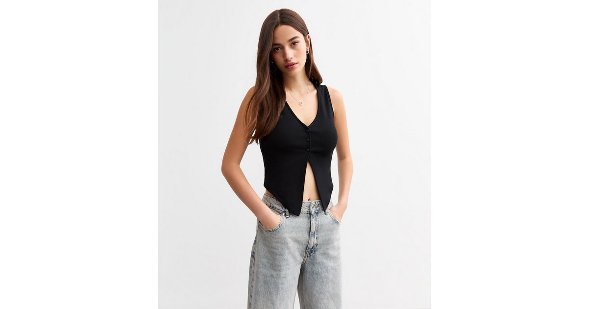 Black Cotton-Blend Split Front Waistcoat Vest Top | New Look