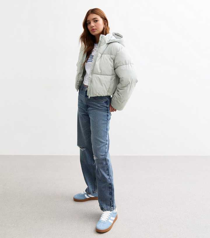 Girls Grey Crop Hooded Puffer Jacket | New Look
