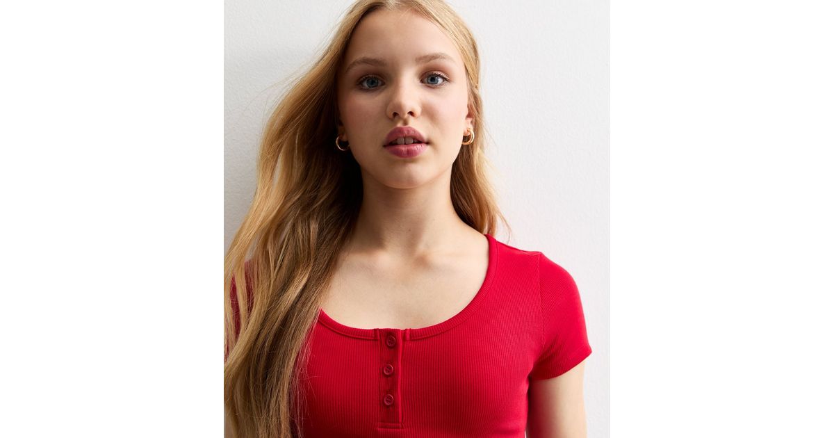 Girls Red Ribbed Button T-Shirt | New Look