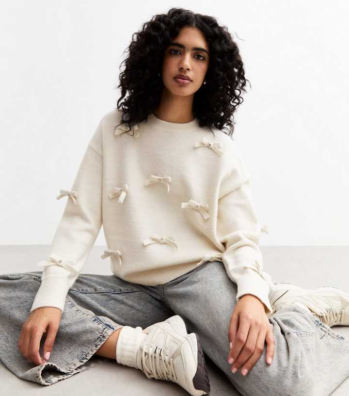 Cream Gem Bow Sparkle Jumper | New Look