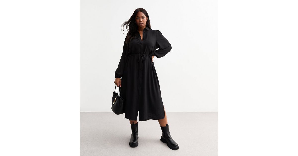 Curves Black Drawstring Waist Midi Shirt Dress | New Look