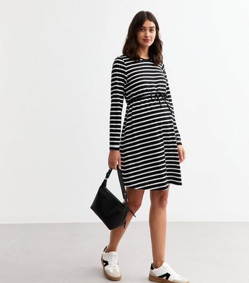 Maternity Black Striped Drawstring Long Sleeves Dress | New Look