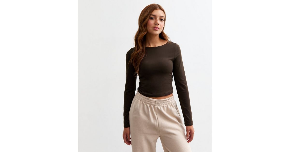 Girls Dark Brown Scoop Back Long Sleeve Slinky Top | New Look
