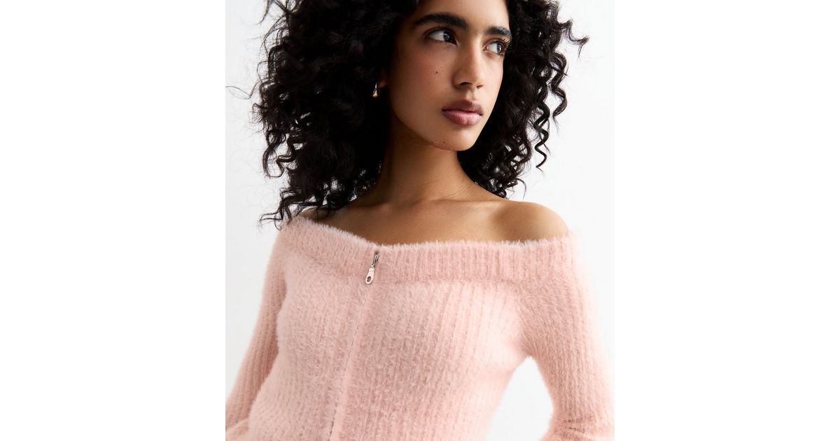 Pink Fluffy Zip Front Bardot Jumper | New Look