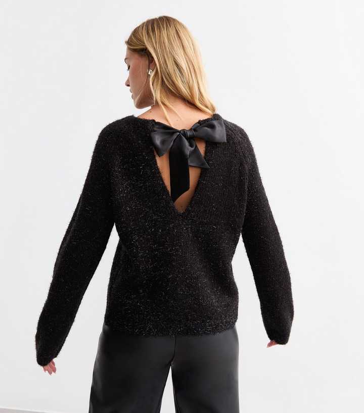 Black Sparkle Bow Back Jumper | New Look