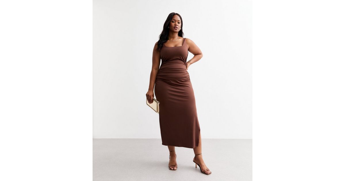 Curves Brown Square Neck Ruched Midi Dress | New Look
