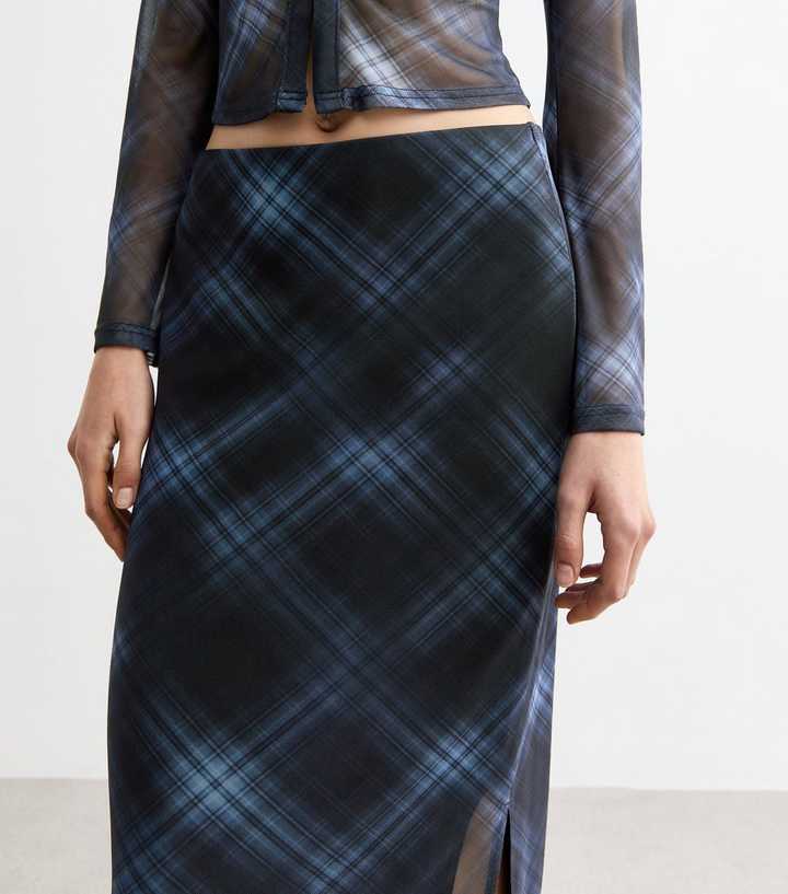 Navy Check Mesh Midi Skirt | New Look