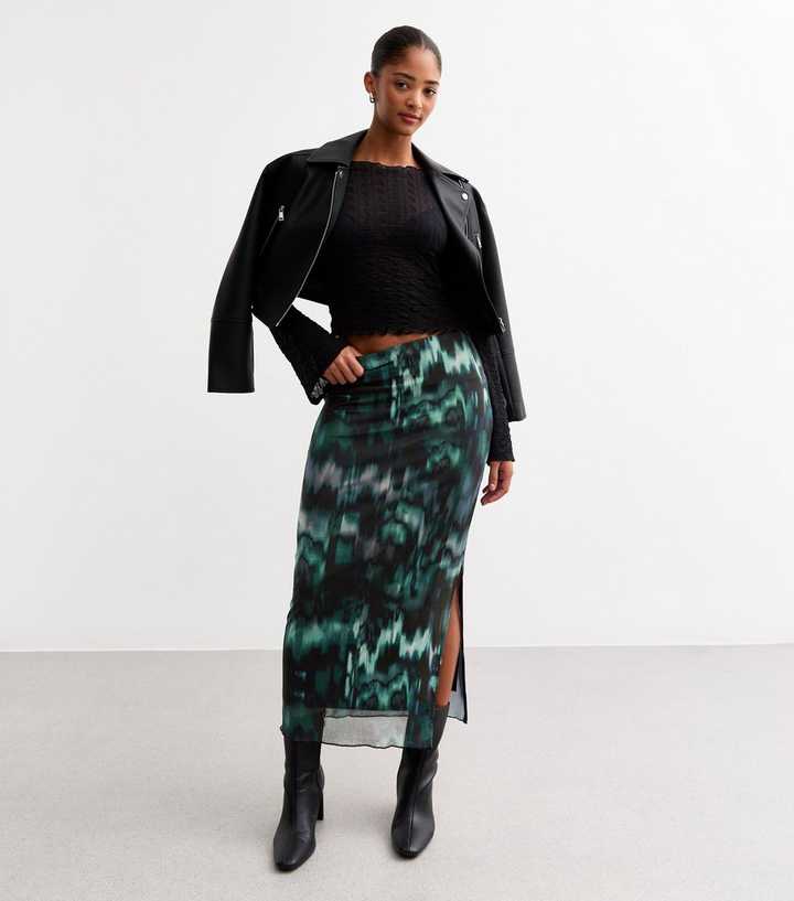 Green Abstract Print Mesh Midi Skirt | New Look