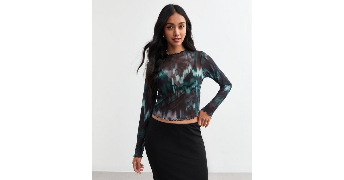 Blue Mesh Long Sleeve Sheer Top | New Look