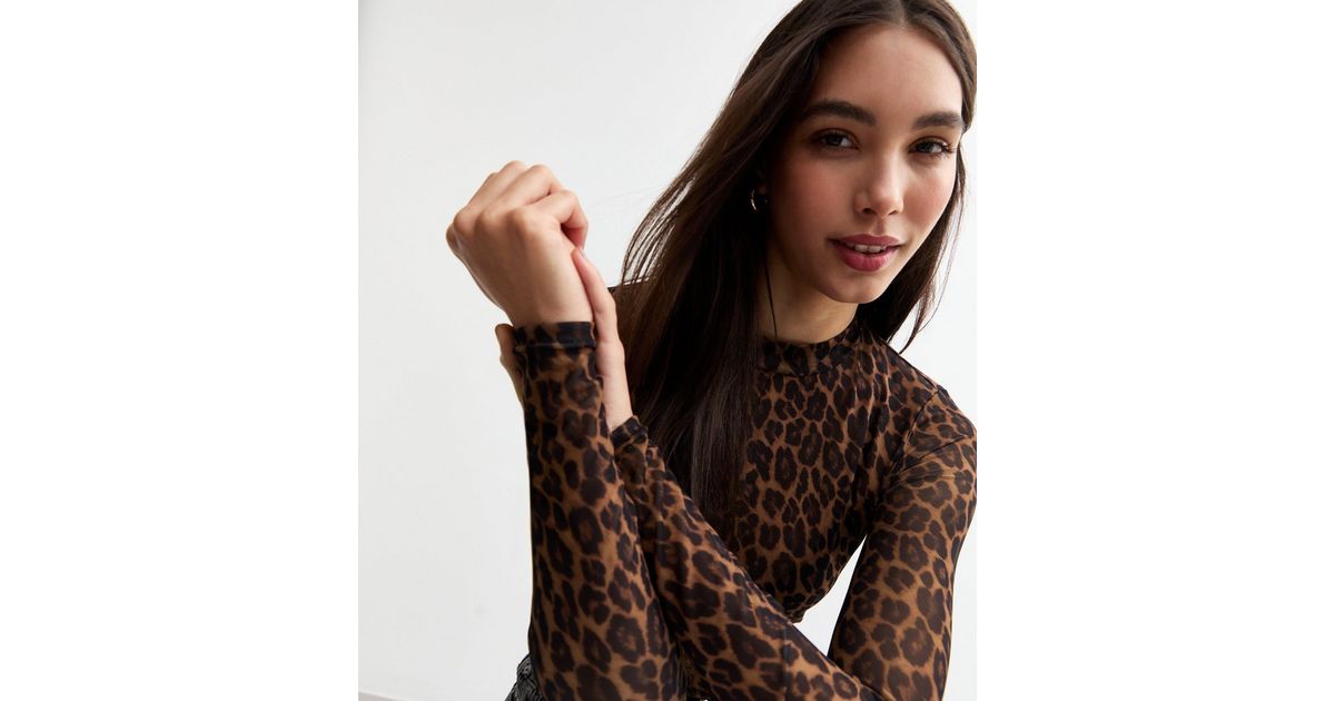 Brown Leopard Print High Neck Mesh Top | New Look