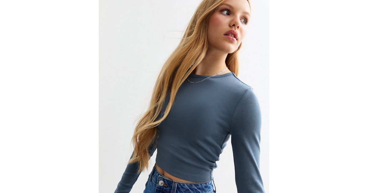 Girls Blue Long Sleeve Ruched Stretch Cotton Top | New Look