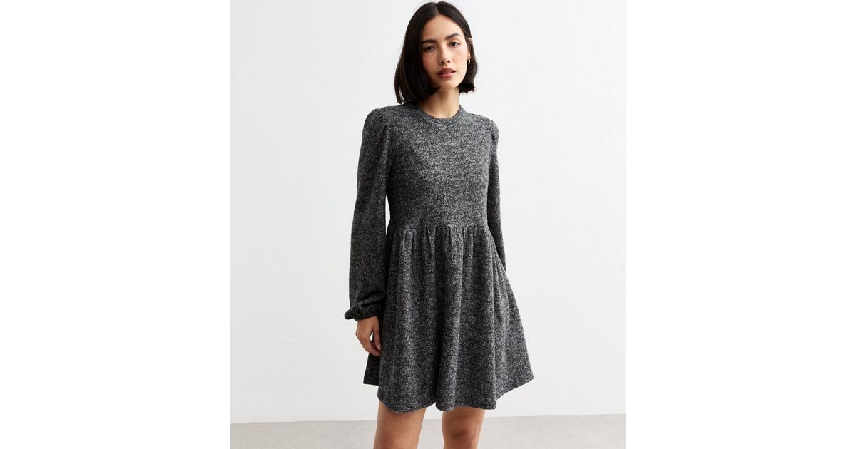 Grey Marled Long Sleeve Fleece Smock Dress | New Look