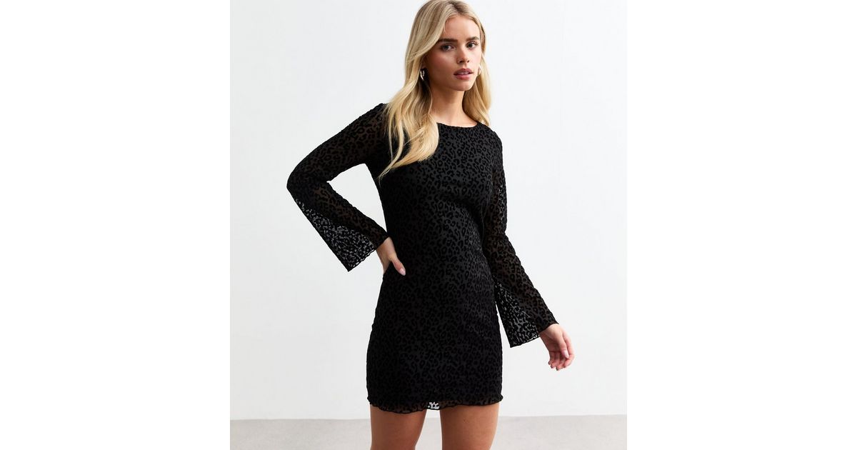 Petite Black Flocked Leopard Print Mesh Mini Dress | New Look