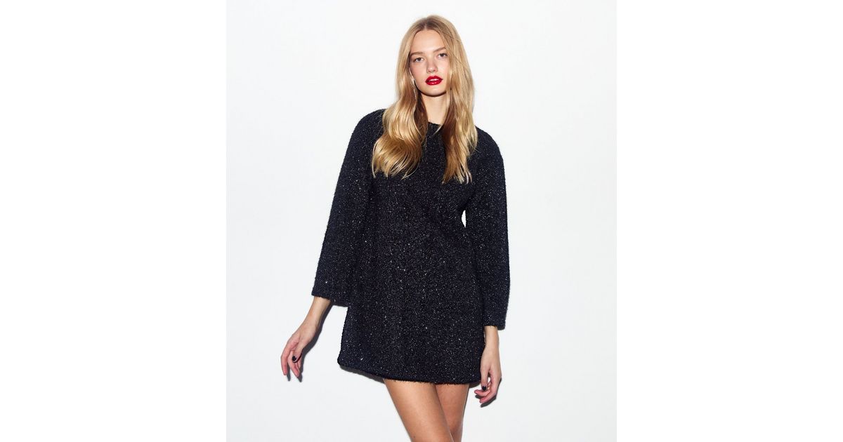 Black Bow Back Tinsel Long Sleeve Micro Mini Dress | New Look