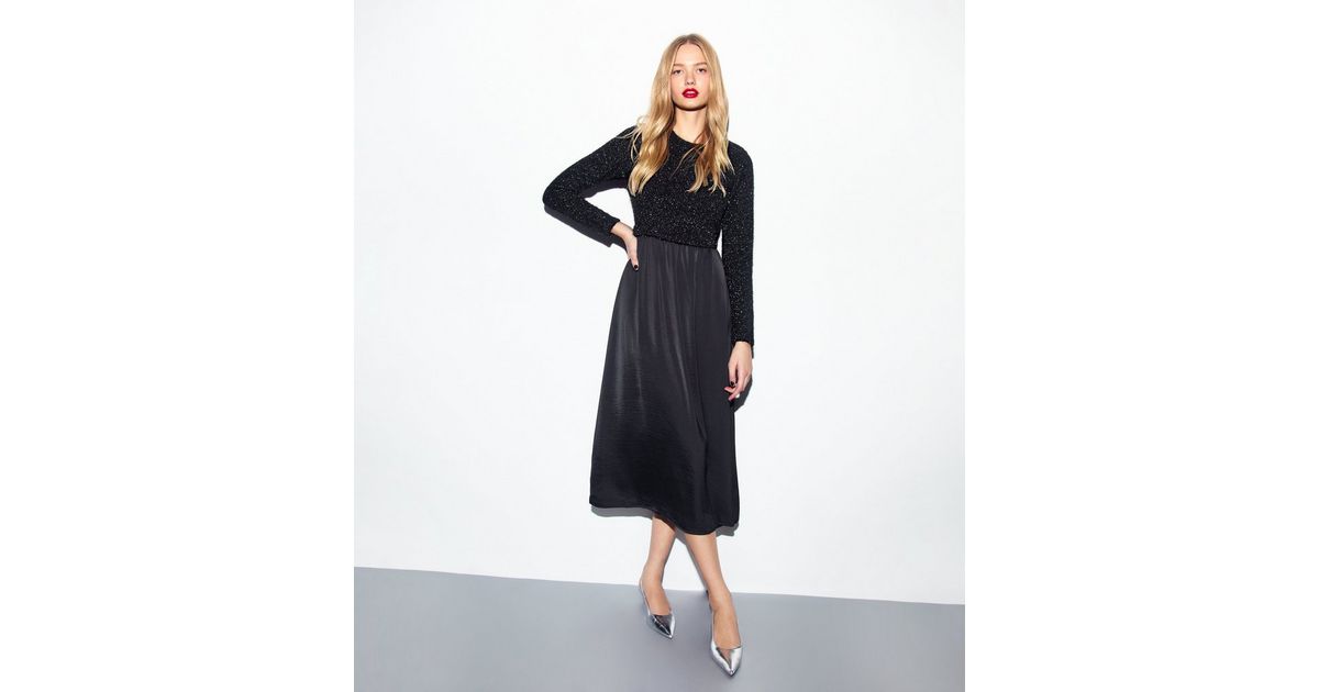 Black 2-In-1 Tinsel Top Long Sleeve Midi Dress | New Look