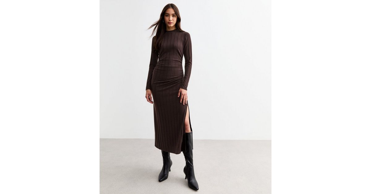 Brown Wide Rib Side Slit Midi Dress | New Look