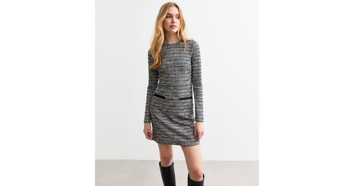 Black Long Sleeve Bouclé Dress | New Look