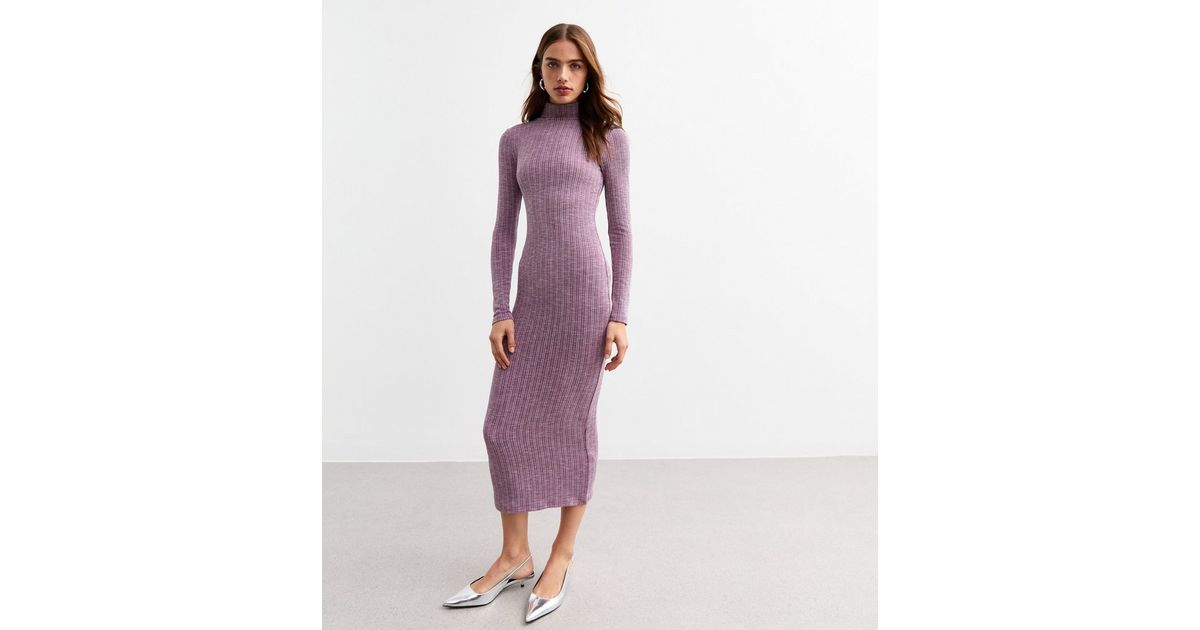 Purple Ribbed Roll Neck Knit Midi Dress | New Look