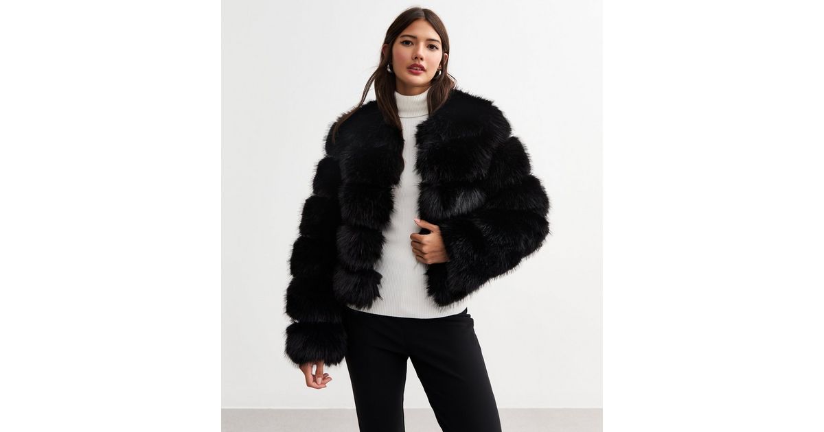 Cameo Rose Black Faux Fur Crop Coat | New Look