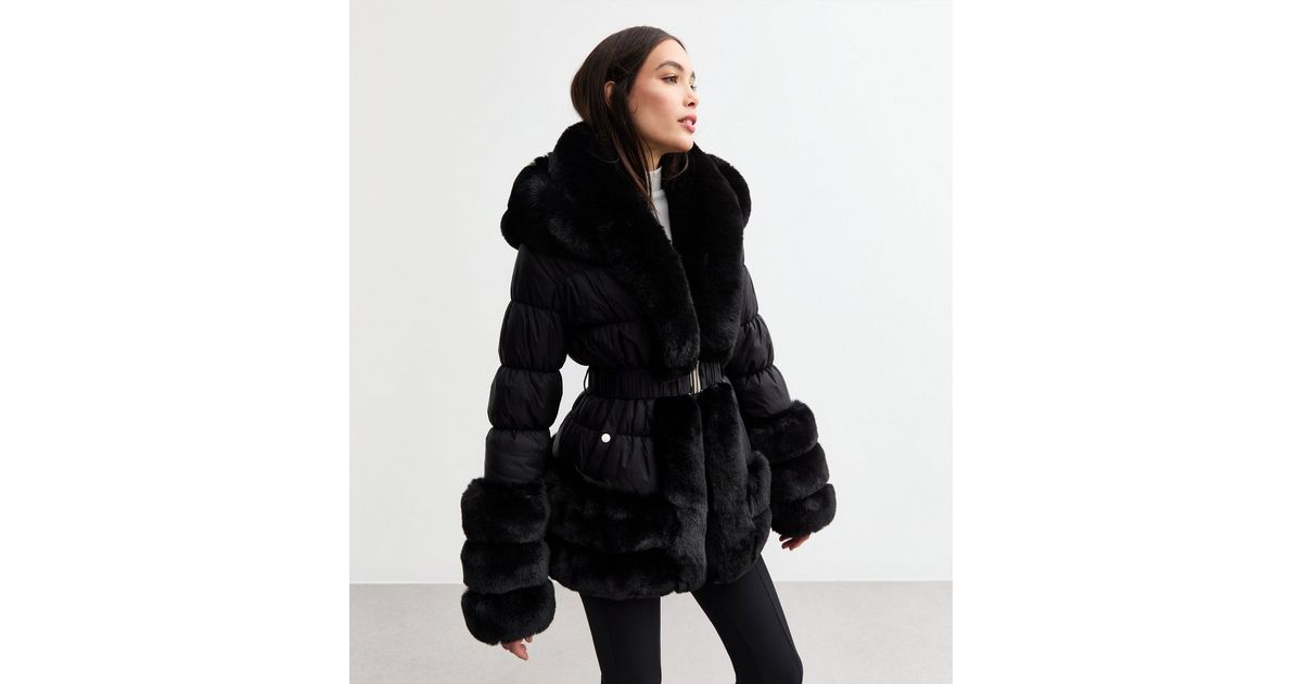 Cameo Rose Black Faux Fur Trim Padded Coat | New Look