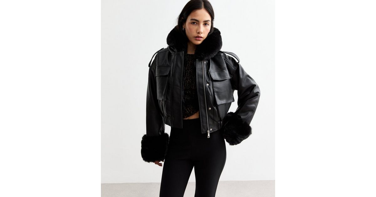 Cameo Rose Black Faux Fur Trim Faux Leather Crop Jacket | New Look